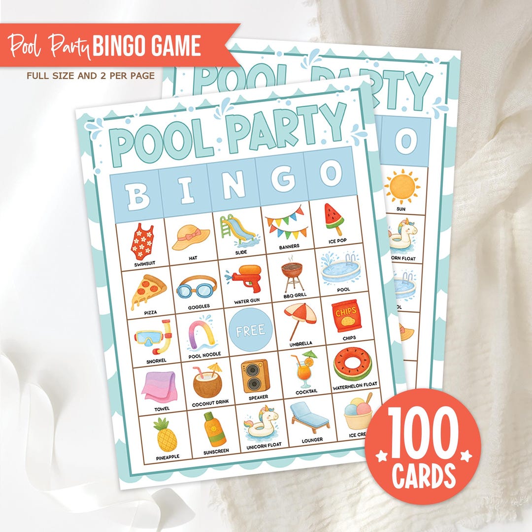 Pool Party Bingo Game Printable, Summer Activity for Kids, 100 Unique ...