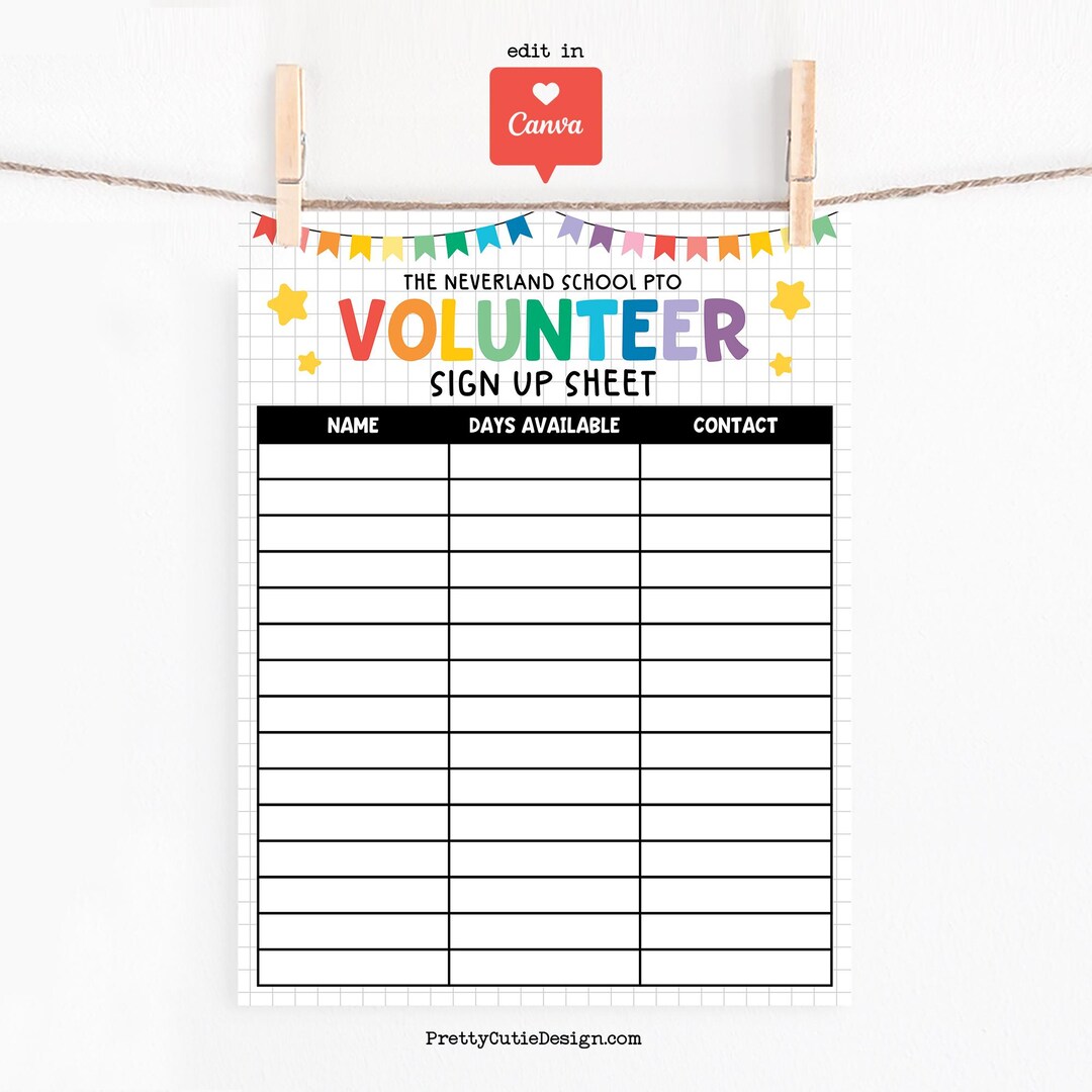 Editable Volunteer Sign-up Sheet Template: PTO/PTA School Event Form ...