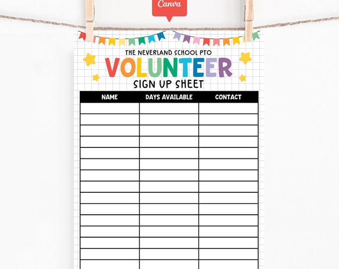 EDITABLE Teacher Volunteer Printable, PTO/PTA Sign up Sheet, Editable ...