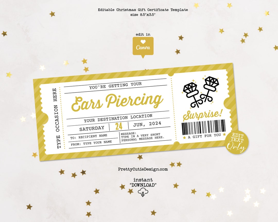 Editable Ears Piercing Gift Certificate Template, Piercing Surprise ...