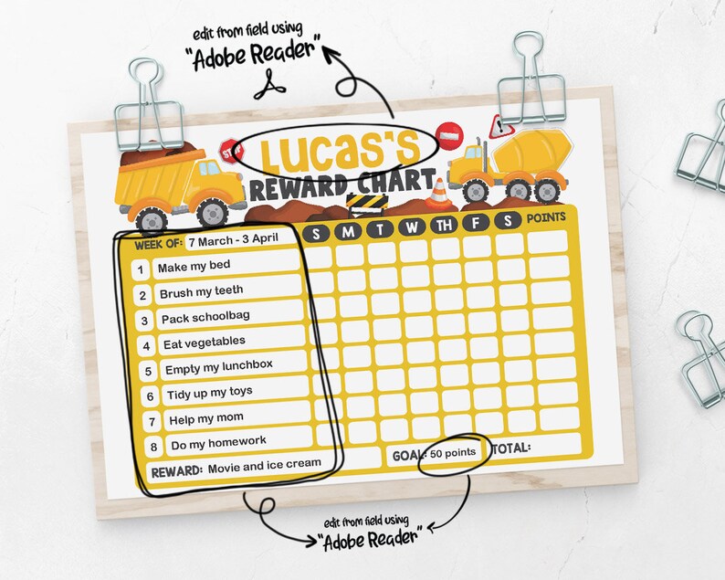Construction Truck Reward Chart for Kids Simple Kids Editable | Etsy