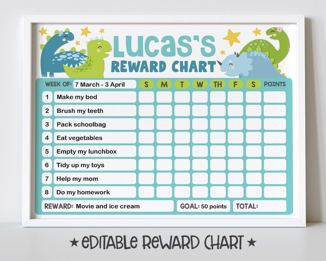 Dinosaur Reward Chart for Kids, Simple Kids Editable Reward Chart ...