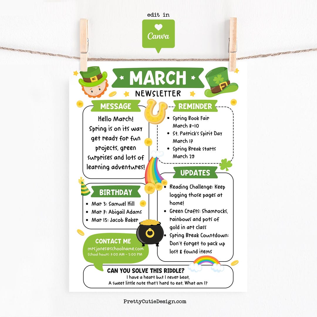 March Classroom Newsletter Template, Editable Monthly School Newsletter ...