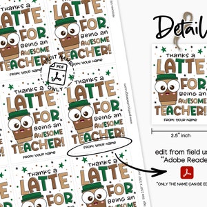 Thanks a Latte Teacher Appreciation Tag, Thanks A Latte Gift Tag, Thank ...