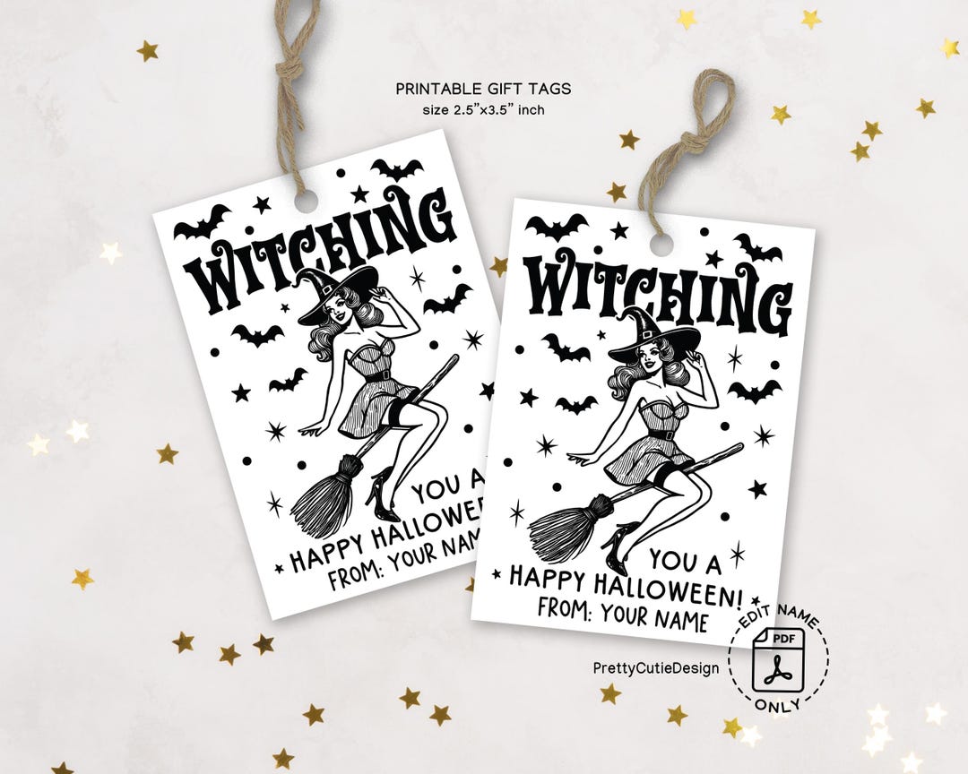 Halloween Gift Tags Printable, Retro Witch Halloween Tag, Vintage Pinup ...