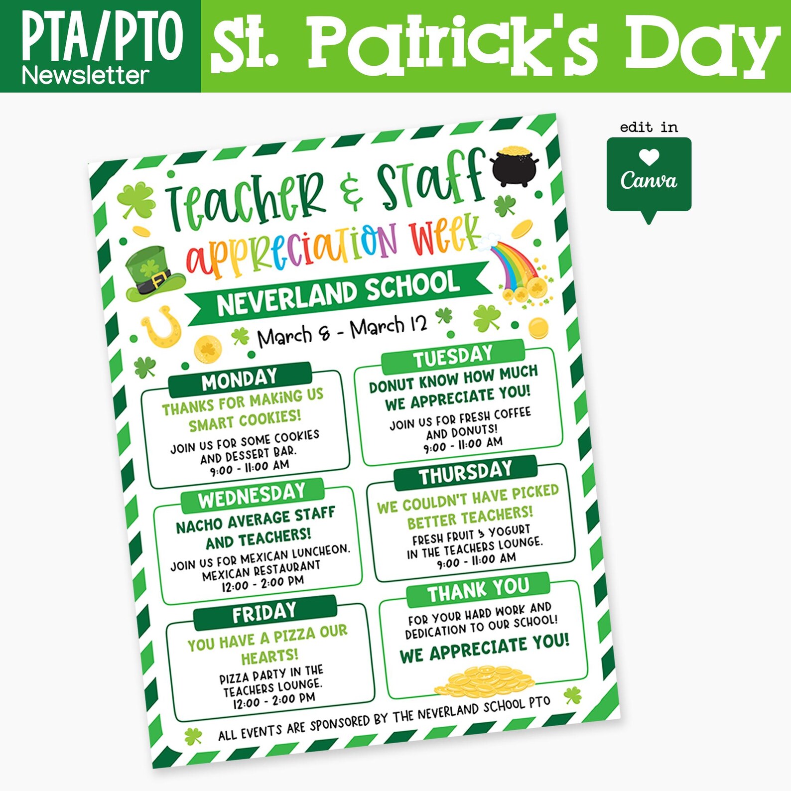 Editable St Patricks Day Teacher Appreciation Week Itinerary Flyer ...