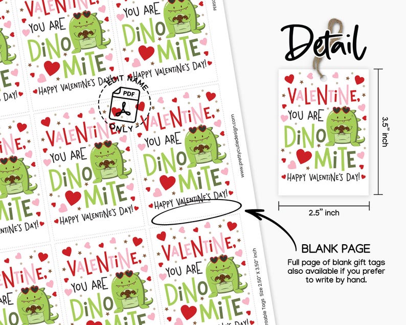 Dino-mite Valentine Gift Tags, Printable Dinosaur Classroom Favor, Kids ...