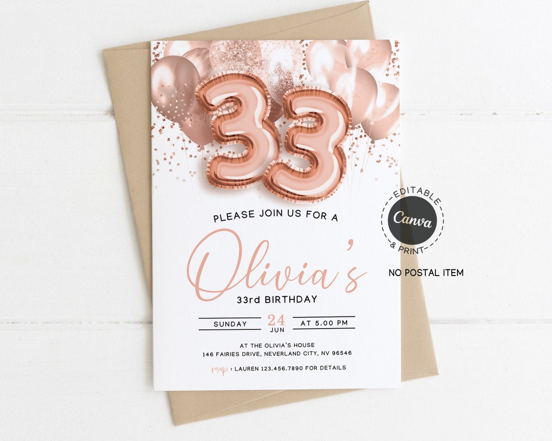 33rd Birthday Invitation Download, Printable Rose Gold Birthday ...