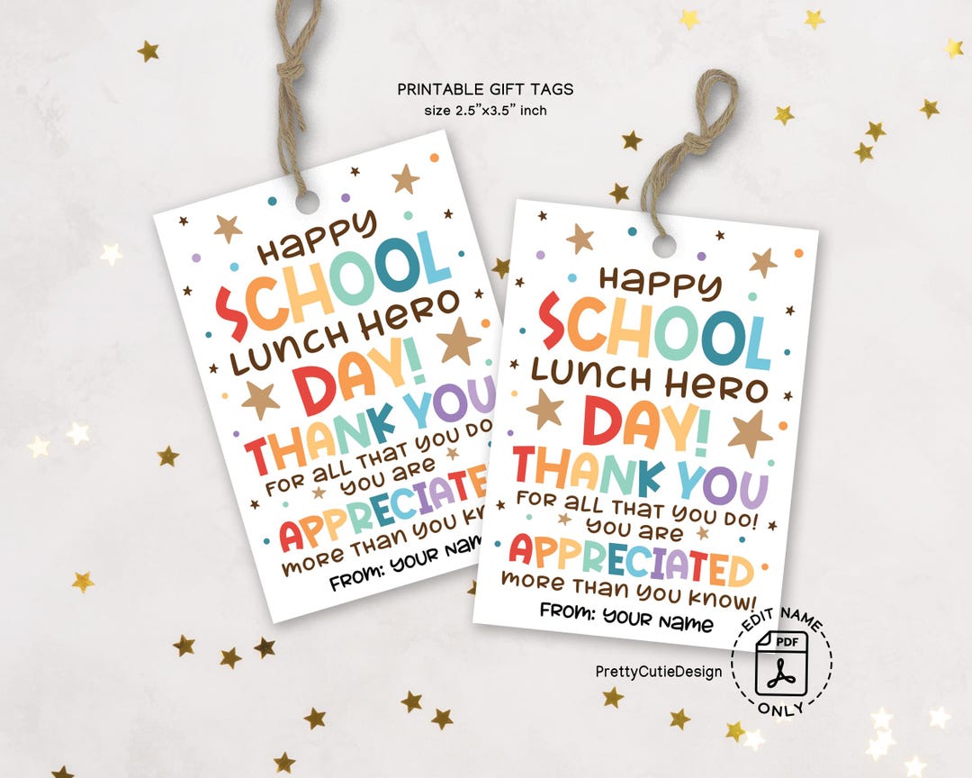 School Lunch Hero Day Gift Tags Printable, Thank You Tags for Cafeteria ...