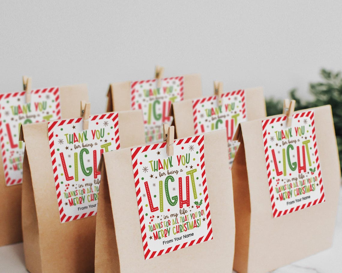 Thank You for Being a Light Gift Tags, Printable Holiday Labels (PDF ...