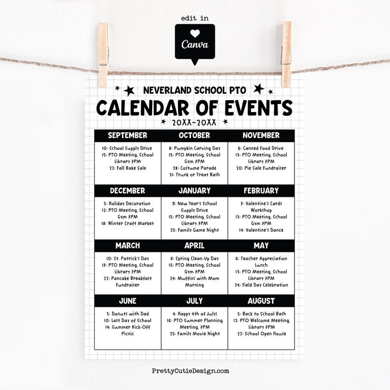 Editable School Calendar Template: PTO PTA Events Planner (canva ...