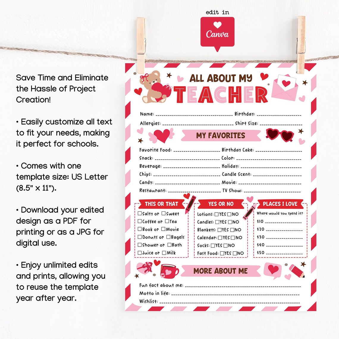 All About My Teacher Printable, Favorites Questionnaire Form, Valentine ...