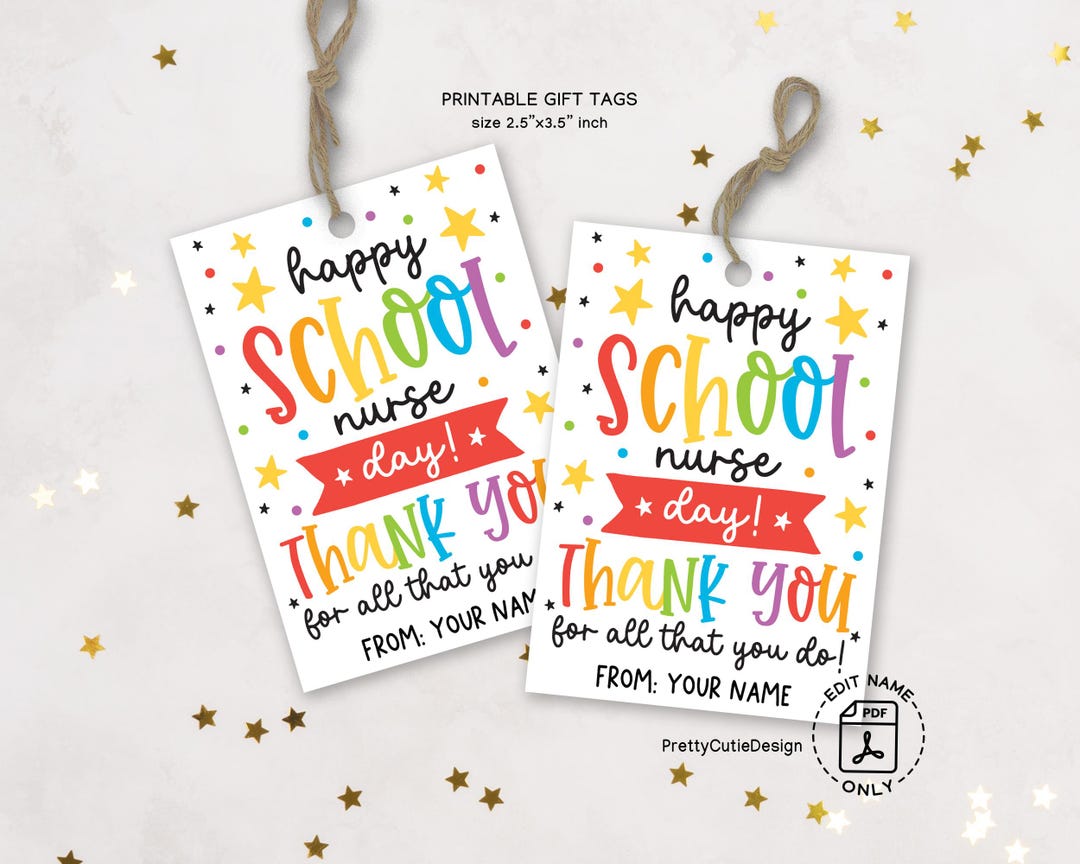 School Nurse Day Gift Tag Printable, Colorful Thank You Tag for Nurses ...