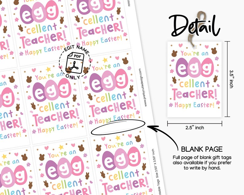 Easter Printable Gift Tags, Eggcellent Teacher Easter Tag, Thank You ...