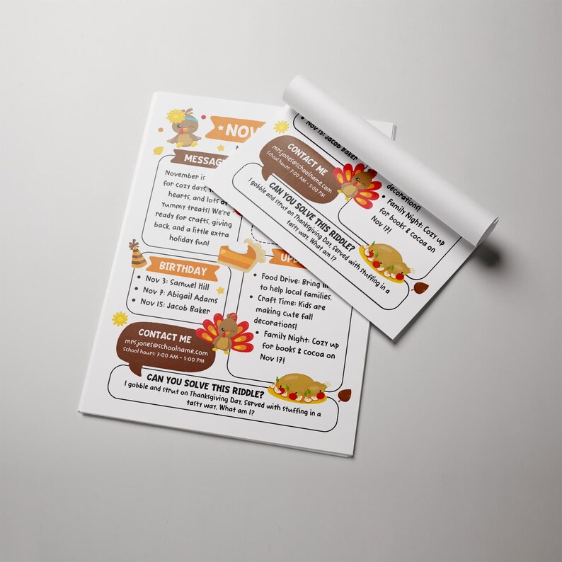 November Classroom Newsletter Template: Editable Thanksgiving Flyer ...