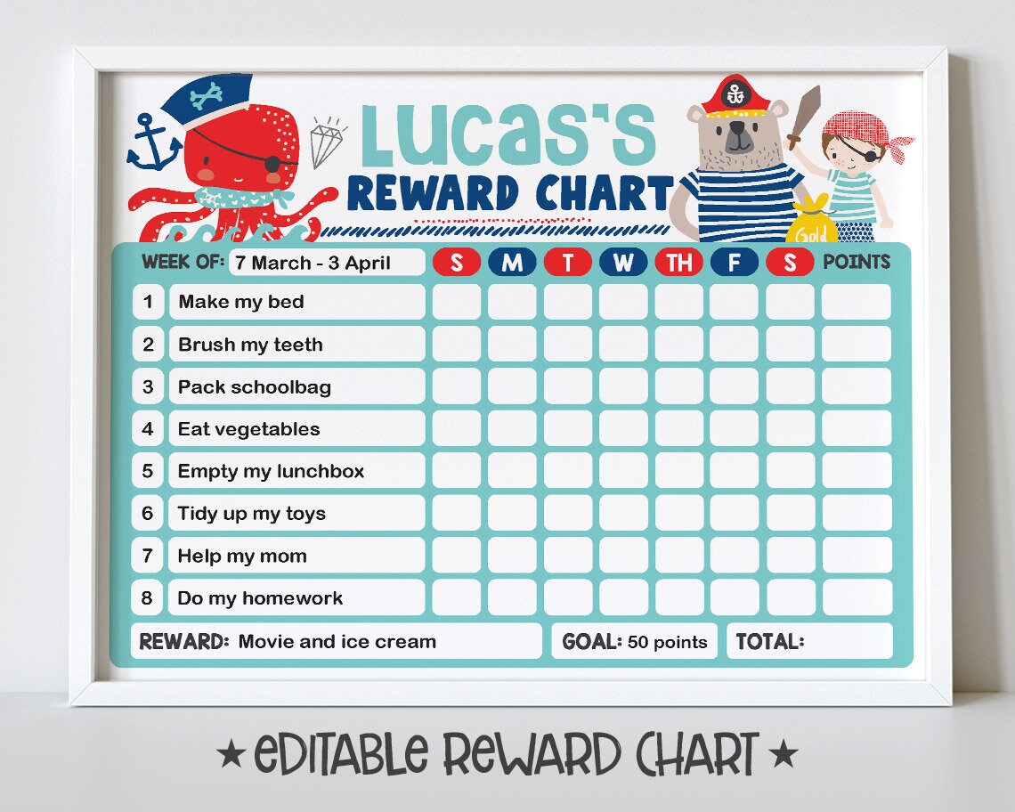 Pirate Boy Reward Chart for Kids Simple Kids Editable Reward | Etsy