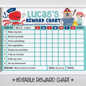 Pirate Boy Reward Chart for Kids, Simple Kids Editable Reward Chart ...
