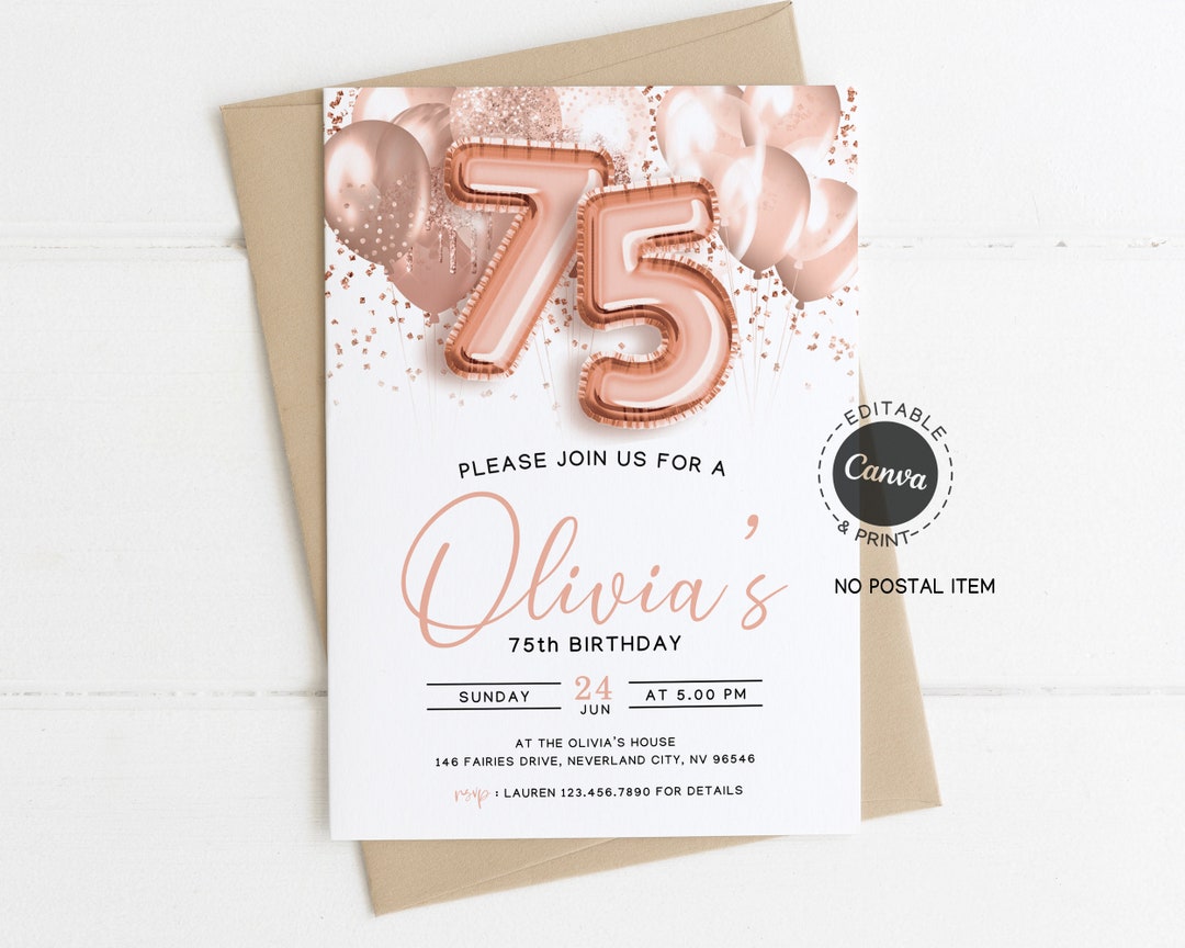 75th Birthday Invitation for Women, Rose Gold Balloon Birthday Invite ...