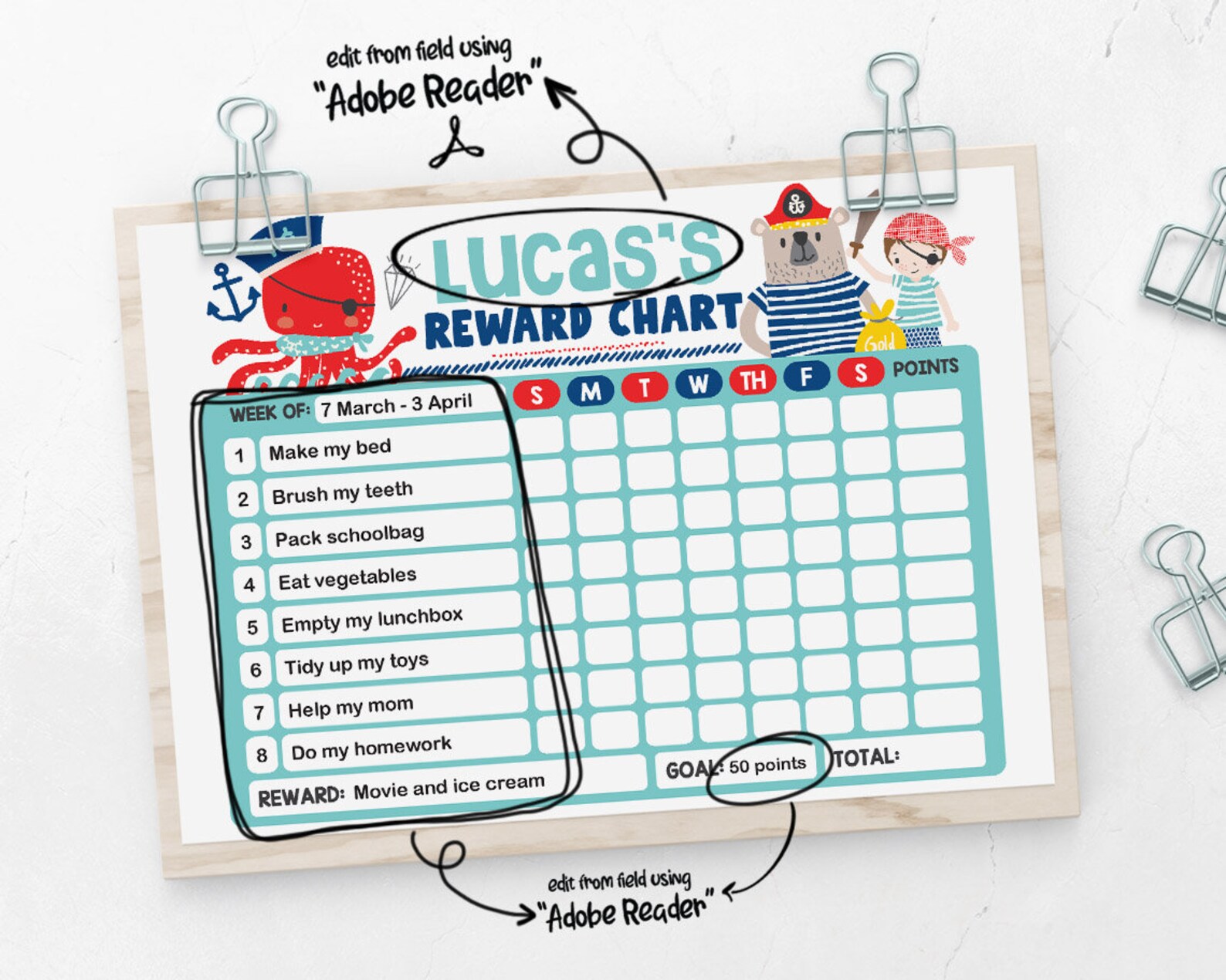 Pirate Boy Reward Chart for Kids Simple Kids Editable Reward | Etsy