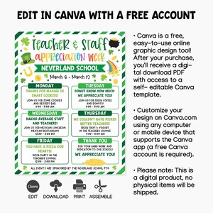 Editable St Patricks Day Teacher Appreciation Week Itinerary Flyer ...