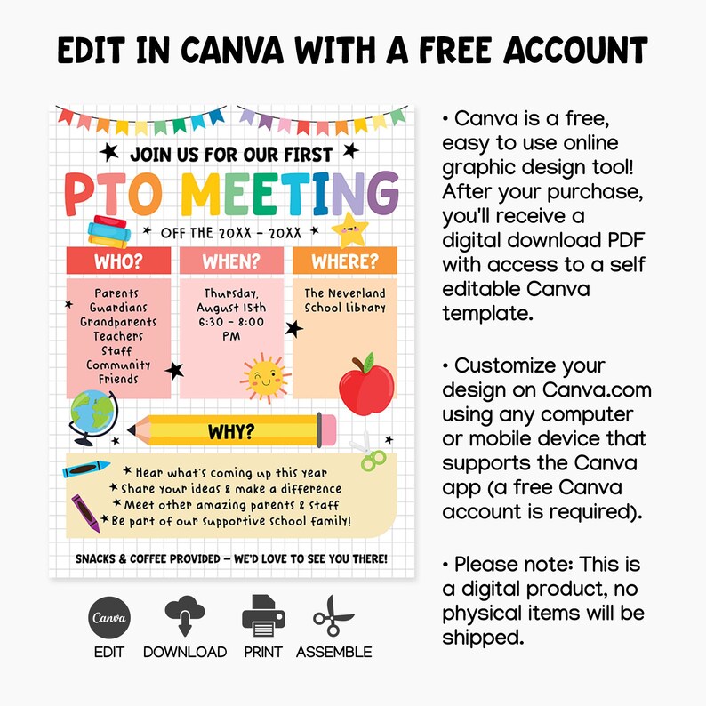 Editable PTO Meeting Flyer Template: Back to School PTA Invitation ...