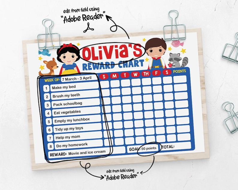 Snow White Reward Chart for Kids Simple Kids Editable Reward - Etsy