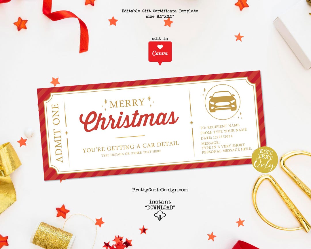 Christmas Car Detailing Surprise Gift Ticket Template, Editable Car ...