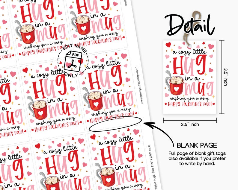 Hot Cocoa Valentine Tag Printable, Cozy Hug in a Mug, Treat Bag Label ...