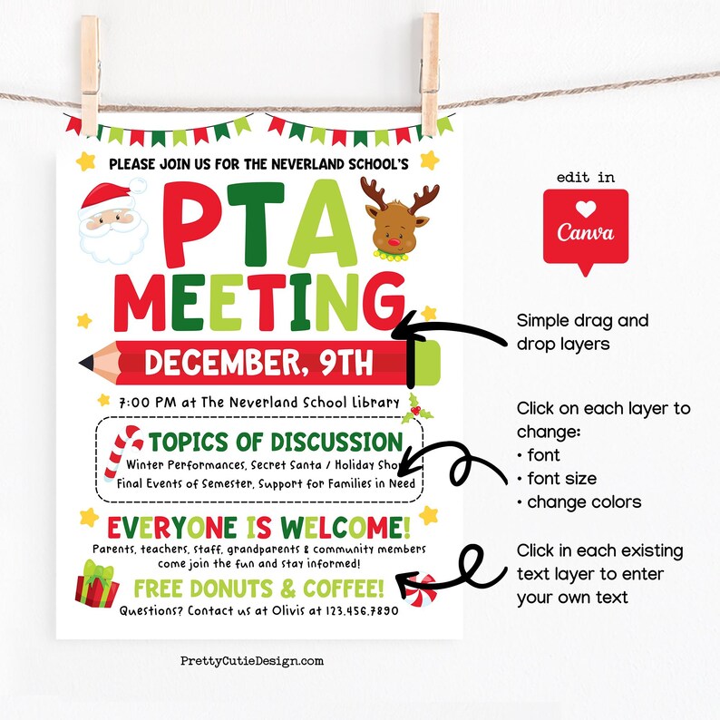 Christmas PTA Meeting Flyer: Editable School Holiday Poster (canva ...