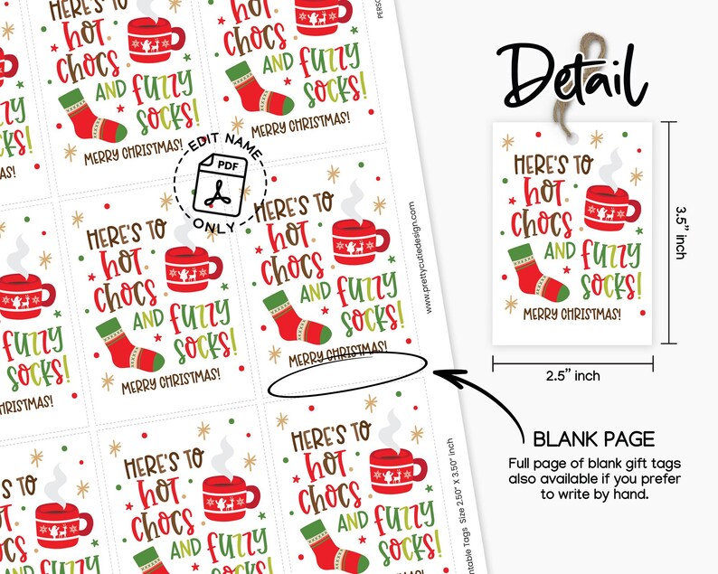 Christmas Gift Tags Printable, Hot Chocs and Fuzzy Socks, Cozy Winter ...