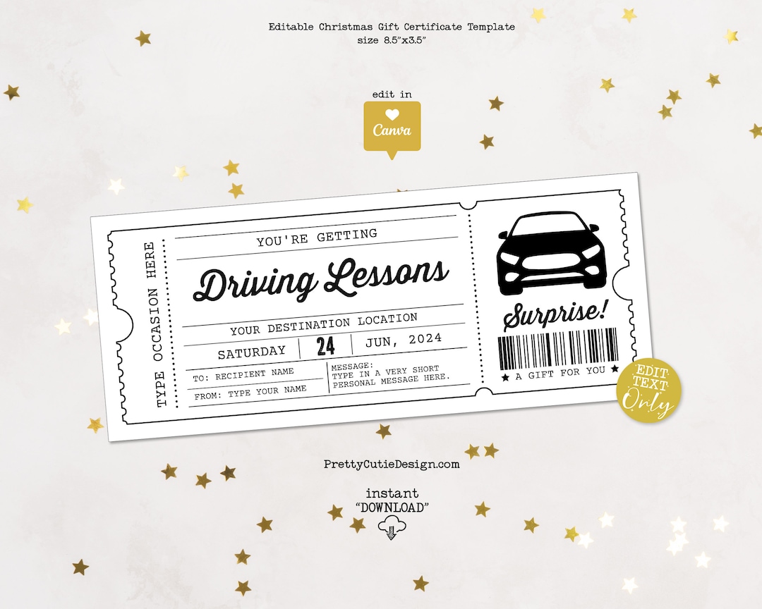 Driving Lessons Gift Certificate Template Ticket Printable Surprise ...