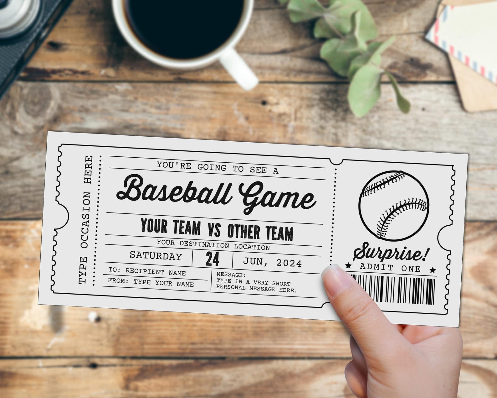 Baseball Game Ticket Gift Template: Printable Surprise Voucher (8.5x3.5 ...