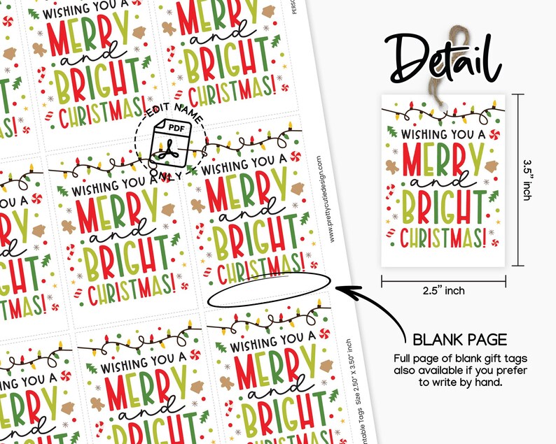 Christmas Gift Tags Printable Tags: Merry Bright Holiday Present Labels ...