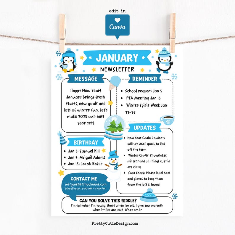 January Classroom Newsletter Template: Winter Penguin Theme (canva ...