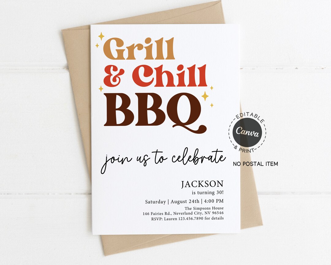 Grill & Chill BBQ Birthday Invitation: Retro Cookout Party (canva ...