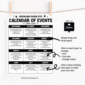 Editable School Calendar Template: PTO PTA Events Planner (canva ...