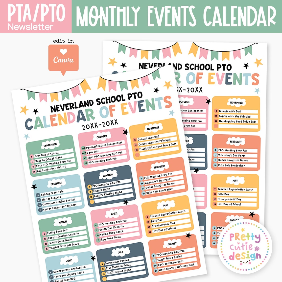 Editable School Calendar Template: PTA PTO Events Planner (canva ...