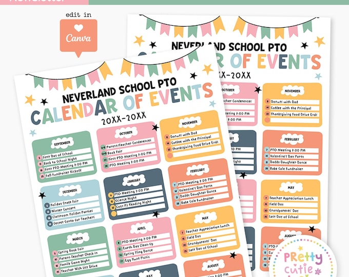 Editable Yearly PTO PTA Printable Calendars, Back to School, Undated ...