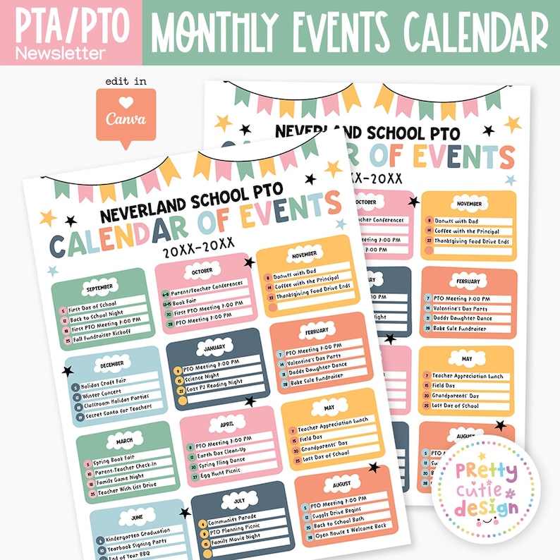 Editable School Calendar Template: PTA PTO Events Planner (canva ...
