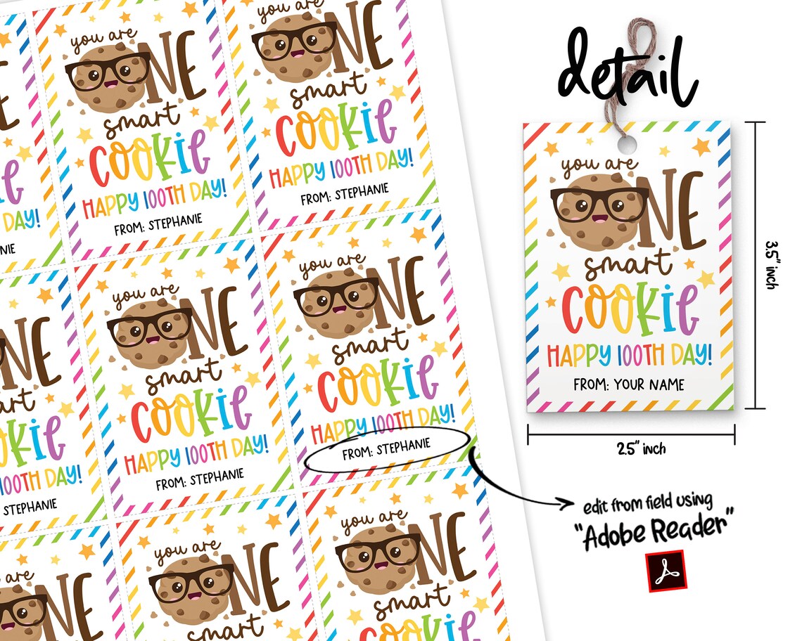 One Smart Cookie Happy 100 Days of School Printable Cookie Tag, 100th ...