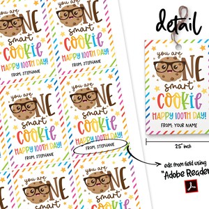 One Smart Cookie Happy 100 Days of School Printable Cookie Tag, 100th ...