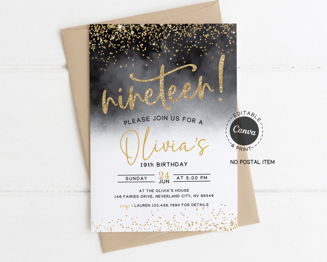 19th Black and Gold Birthday Invitation Printable, Birthday Invitation ...