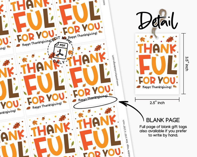 Thanksgiving Gift Tags Printable: Thankful for You, Autumn Design (PDF ...