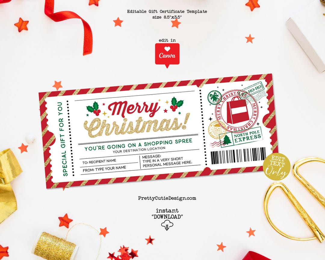 Christmas Shopping Spree Surprise Gift Ticket Voucher, Editable Holiday ...