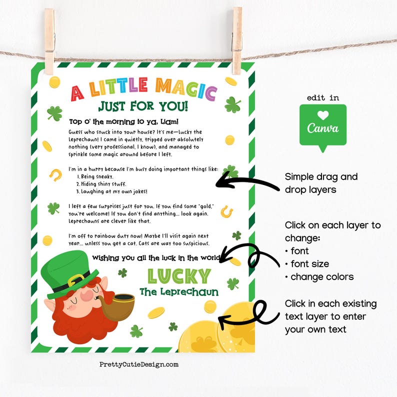 St Patrick’s Day Leprechaun Letter Printable, Editable Canva Template ...
