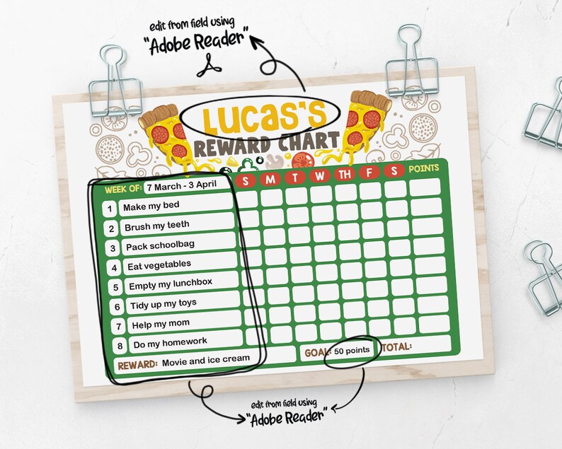 Pizza Reward Chart for Kids Simple Kids Editable Reward Chart | Etsy