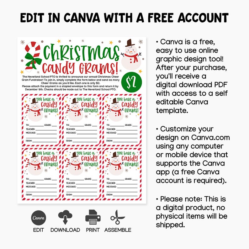 Christmas Candy Gram Cards, Canva Template, School PTO Holiday ...