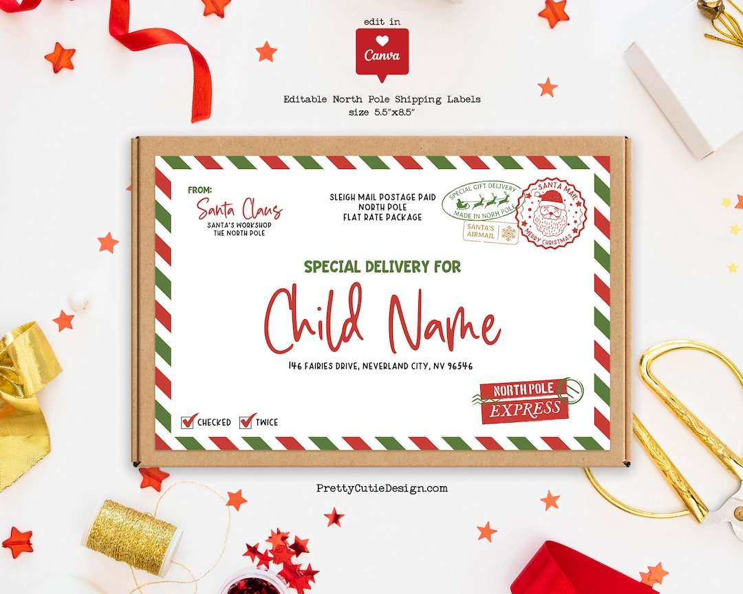 Christmas Elf Shipping Labels Printable, Editable Mail Delivery North ...