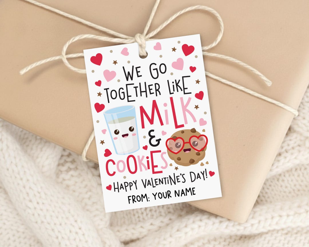 Milk and Cookies Valentine Treat Tags Printable, Classroom Favor Bag ...