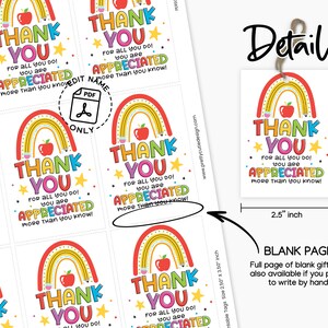 Teacher Appreciation Week Tag Printable, Thank You Teacher Tag, Rainbow ...